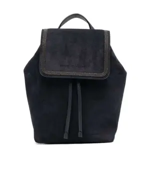 Brunello Cucinelli Beaded Foldover Suede Backpack - Black