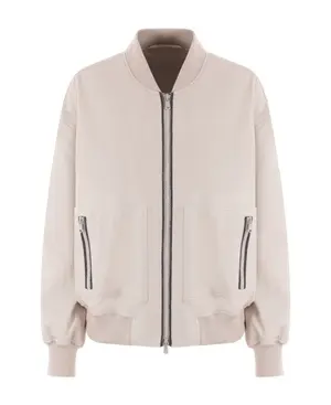 Brunello Cucinelli Leather Bomber Jacket With Beaded Trim - Nude