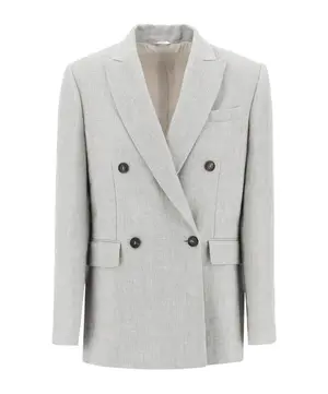 Brunello Cucinelli Herringbone Linen Double-breasted Blazer