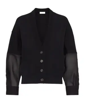 Brunello Cucinelli V-neck Ribbed Knit Cardigan With Sheer Sleeves