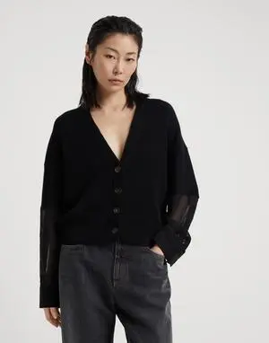 Brunello Cucinelli V-neck Ribbed Knit Cardigan With Sheer Sleeves