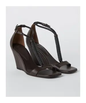 Brunello Cucinelli Wedge-heel Leather Sandals With Monili Chain Detailing