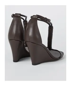 Brunello Cucinelli Wedge-heel Leather Sandals With Monili Chain Detailing