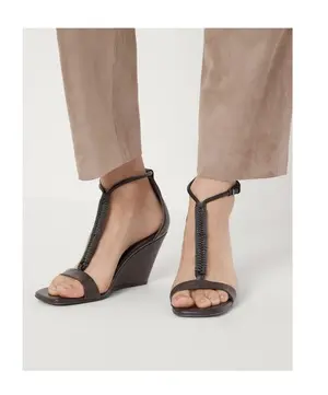 Brunello Cucinelli Wedge-heel Leather Sandals With Monili Chain Detailing