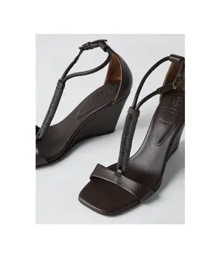 Brunello Cucinelli Wedge-heel Leather Sandals With Monili Chain Detailing