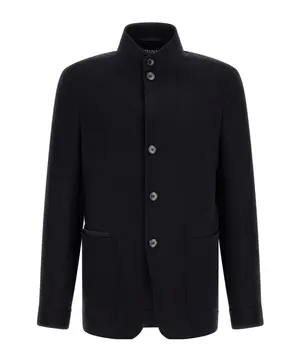 Zegna High-neck Button-front Jacket With Leather Detail