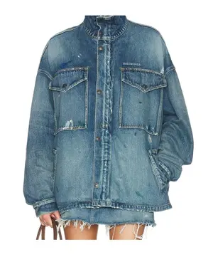 Balenciaga Distressed Paint Splatter Long-sleeved Denim Jacket