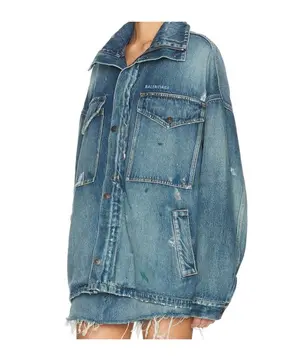 Balenciaga Distressed Paint Splatter Long-sleeved Denim Jacket