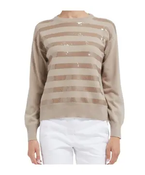 Brunello Cucinelli Long-sleeve Knit Top With Sequin Stripes