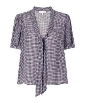 FRAME Plaid Puff Sleeve Tie Neck Blouse