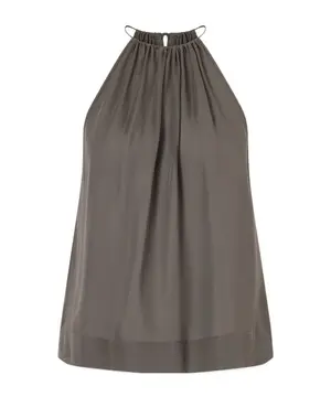 NILI LOTAN Brown Satin Ruched Halter Neck Top