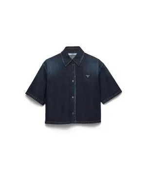 Prada Short-sleeved Denim Shirt With Triangle Logo