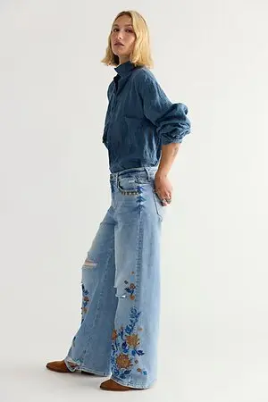 DRIFTWOOD Marlena Embellished Wide Leg Jeans - Midnight Meadow