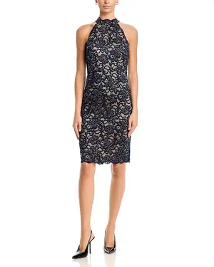 Eliza J Lace Halter Mock Neck Sheath Dress - Navy Tan