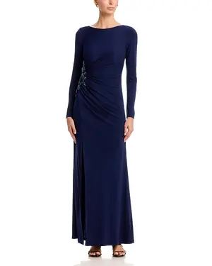 Eliza J Side Ruched Long Sleeve Gown - Navy