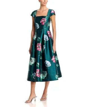 Eliza J Square Neck Cap Sleeve Midi Dress - Hunter