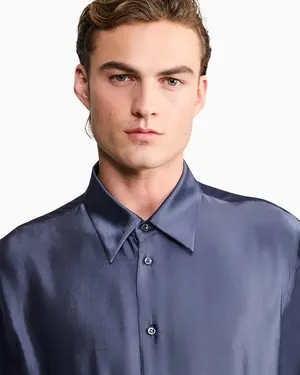 Giorgio Armani Shirt Regular Fit In Yarn-dyed Viscose And Silk Poplin - Blue