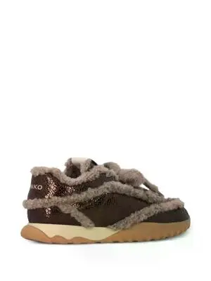 Pinko Cracked-effect Shearling-trim Sneakers