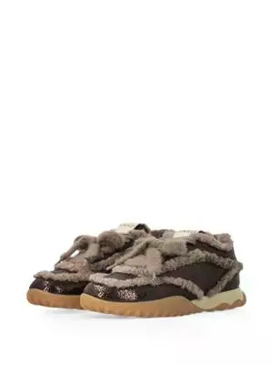 Pinko Cracked-effect Shearling-trim Sneakers