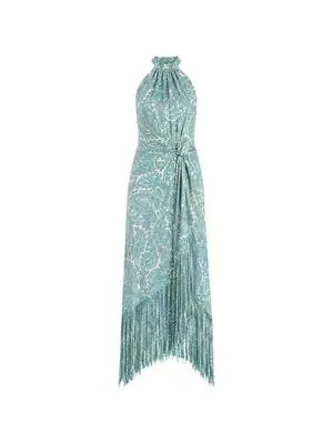 Cinq À Sept Teresa Paisley Print Halter Neck Midi Dress With Fringe Trim - Blue
