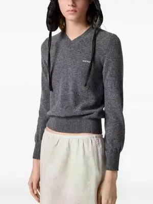 Miu Miu V-neck Wool Cardigan With Intarsia Logo
