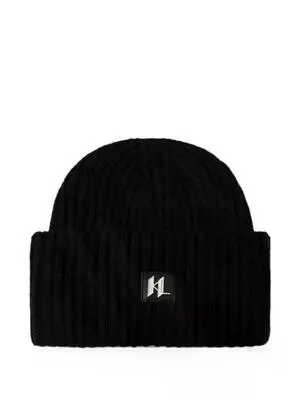 Karl Lagerfeld Logo-plaque Ribbed-knit Beanie Hat - Black