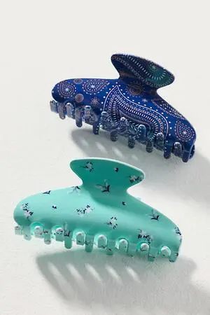 Anthropologie Bandana Print Hair Claw Clips Set Of 2 - Blue Pattern
