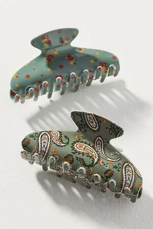 Anthropologie Bandana Prt Hair Claw Clips, Set Of 2 - Green