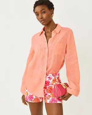 Lilly Pulitzer® Sea View Linen Button Down Shirt - Orange