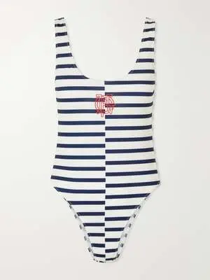 JEAN PAUL GAULTIER Asymetric Marinere Logo-appliqulé Striped Swimsuit - White