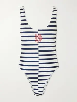 JEAN PAUL GAULTIER Jean Paul Gaultier Asymmetrical Striped Swimsuit With Logo Appliqué White