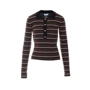 GANNI Ganni Women Ribbed Wool Long Sleeves Polo With Logo Buttons Brown