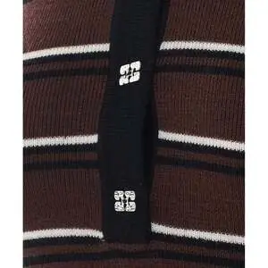 GANNI Ribbed Wool Long Sleeve Polo With Striped Detail And Logo Buttons - Brown