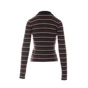 GANNI Ribbed Wool Long Sleeve Polo With Striped Detail And Logo Buttons - Brown