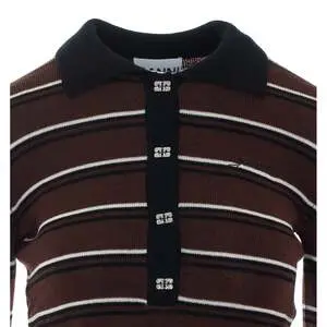 GANNI Ribbed Wool Long Sleeve Polo With Striped Detail And Logo Buttons - Brown