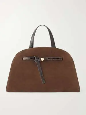 Tory Burch Romy Bauletto Leather-trimmed Suede Leather Tote - Dark Brown