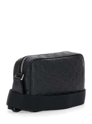 Gucci Black Emblem Shoulder Bag With Adjustable Strap And All-over Gg Pattern In Leather For