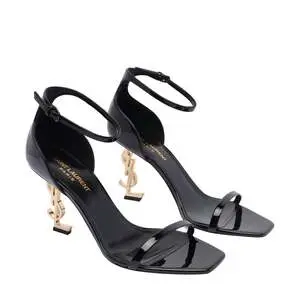 Saint Laurent Opyum Pump Sandals In Patent Leather With Gold Tone Heel