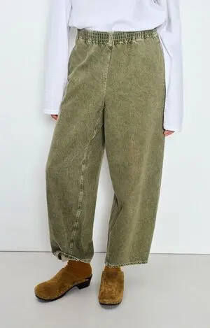 American Vintage Wide-leg Casual Trousers With Elasticated Waist - Olive Green