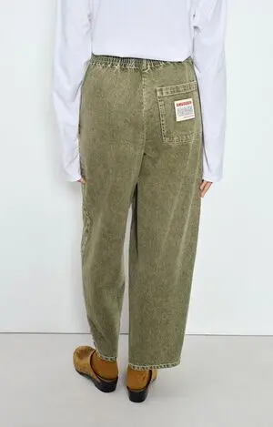 American Vintage Wide-leg Casual Trousers With Elasticated Waist - Olive Green