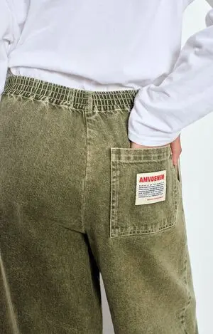 American Vintage Wide-leg Casual Trousers With Elasticated Waist - Olive Green