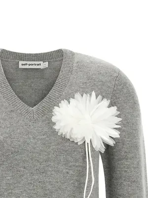 SELF-PORTRAIT Floral Appliqué V-neck Knit Sweater - Grey