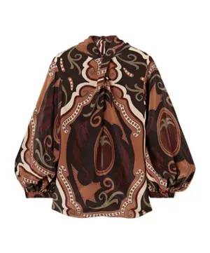Johanna Ortiz Gathered Printed Silk Crepe De Chine Blouse - Brown