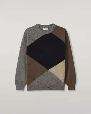 Johnstons Of Elgin Monteith Exploded Argyle Donegal Cahmere Jumper - Grey