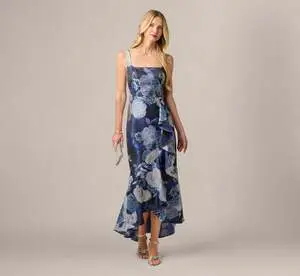 Adrianna Papell Metallic Floral Jacquard High-low Draped Gown