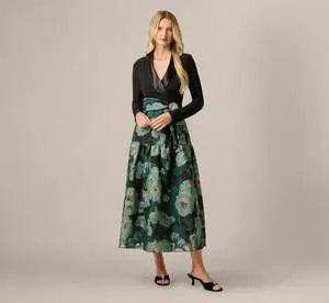 Adrianna Papell Long Sleeve Jacquard Tuxedo Ankle Length Combo Dress In Black Emerald - Black/emerald