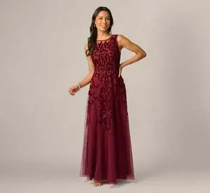 Adrianna Papell Baroque Scroll Velvet Beaded Gown - Mahogany