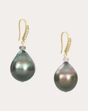 YI COLLECTION Tahitian Pearl & Diamond Drop Earrings - Green