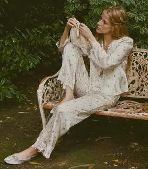 DÔEN Felise Pant Floral Silk Satin With Lace Trim