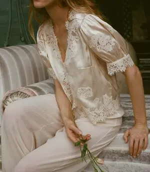 DÔEN Idella Silk Satin Top With Lace Trim